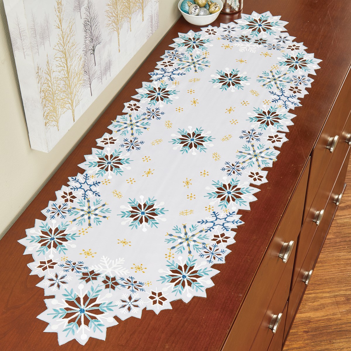 Elegant Embroidered Snowflake Dresser Scarf | Collections Etc.