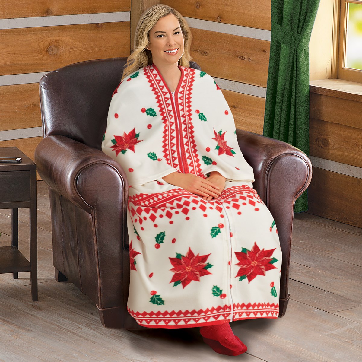 Cozy Poinsettia Holly Zippered Cuddle Wrap | Collections Etc.