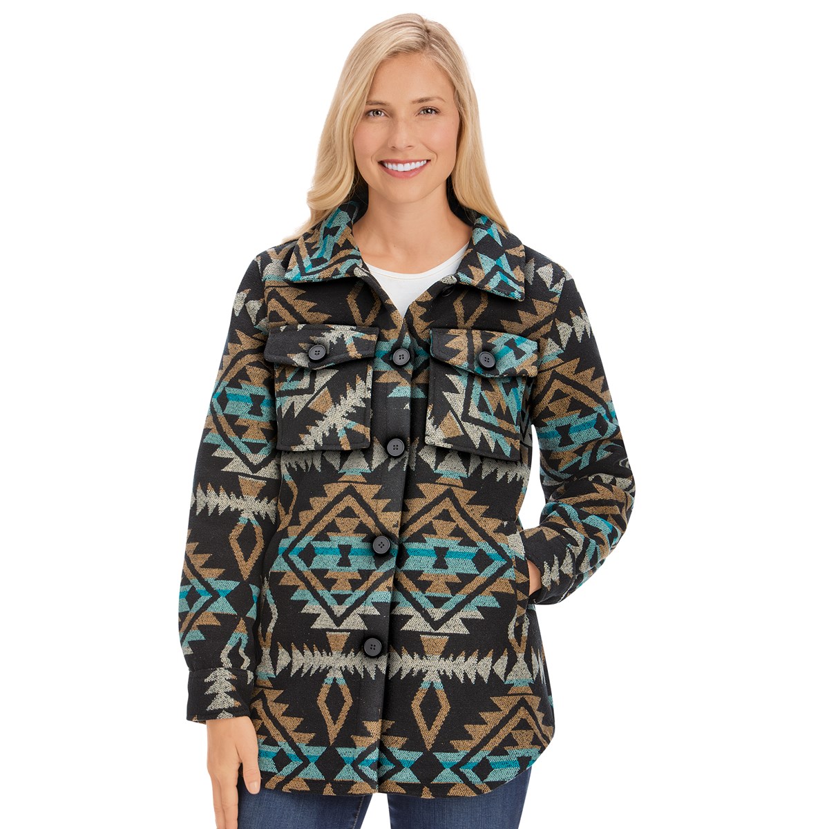Ladies Aztec Diamond Flannel Button-Down Jacket with Pockets ...