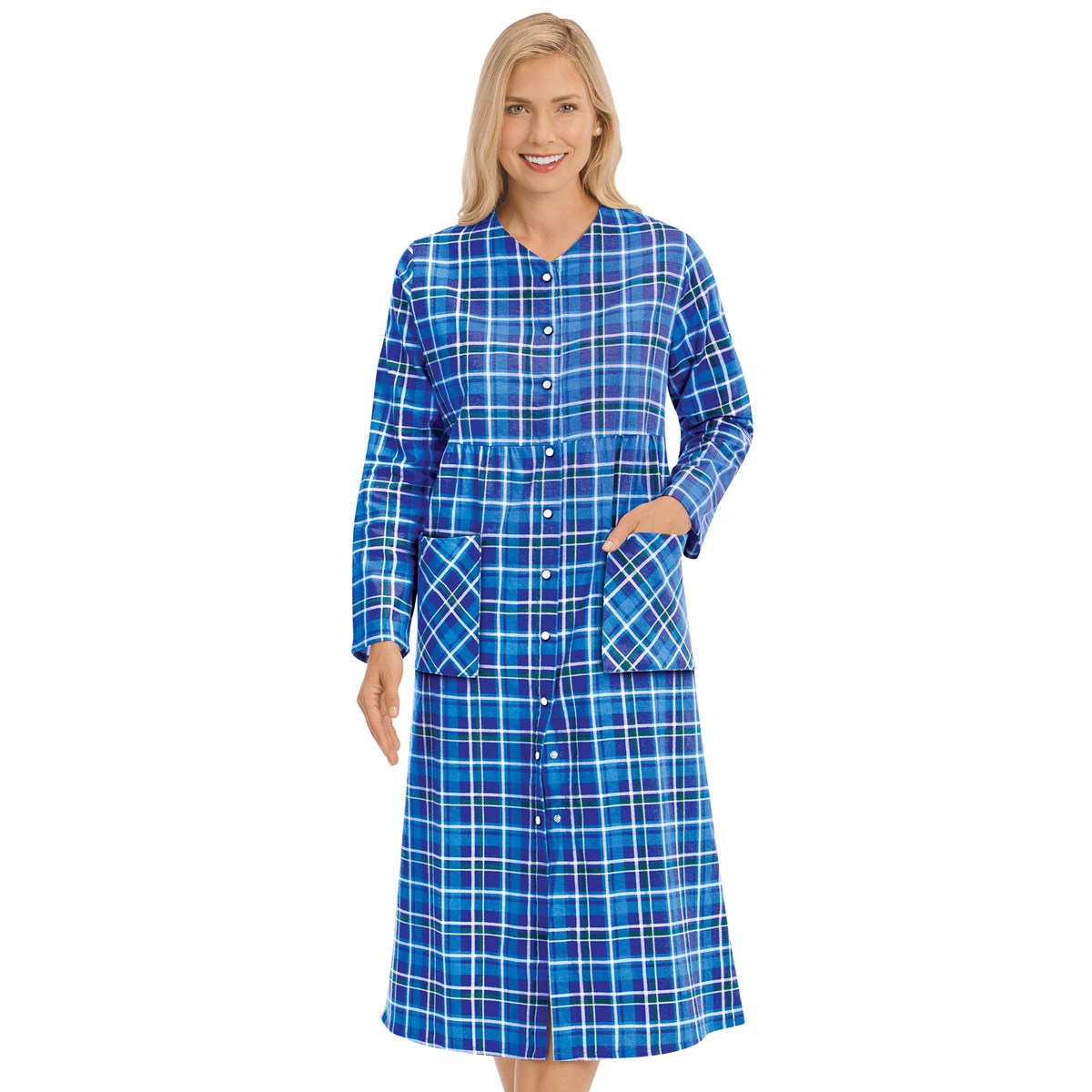 Comfortable Plaid Flannel Snap Front Robe with Pockets | Collections Etc.
