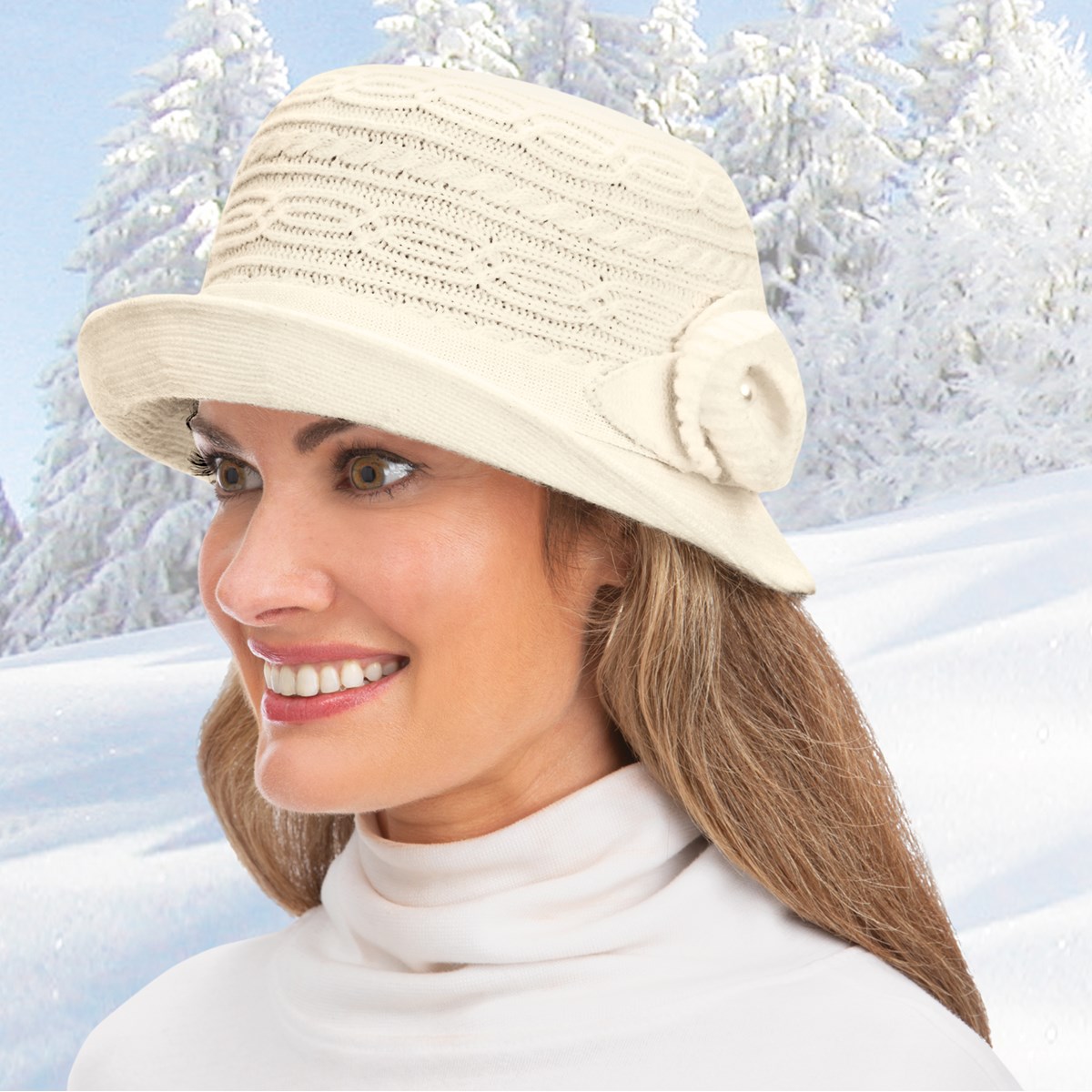 Crochet Flower Textured Knit Full Brimmed Hat | Collections Etc.