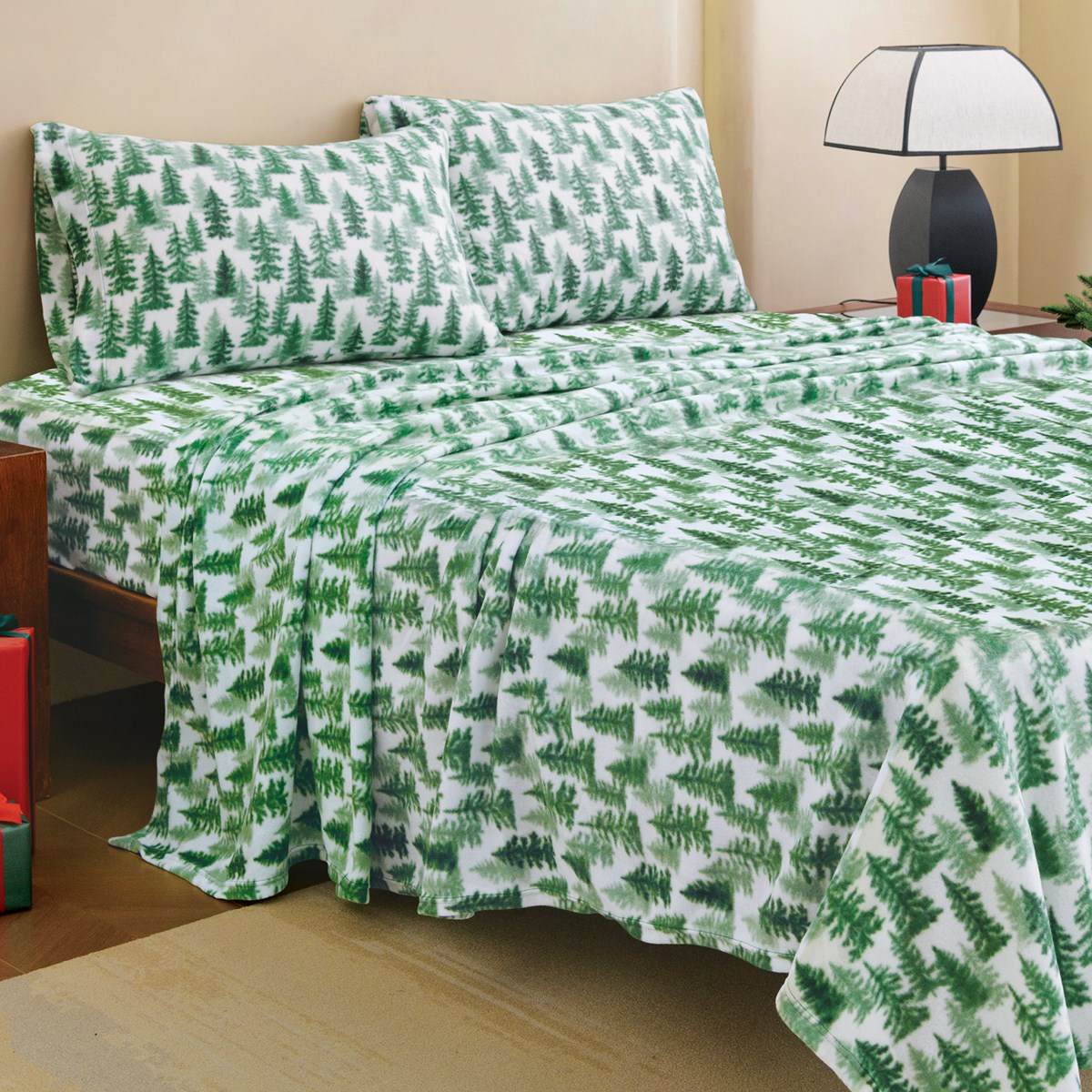 4-Piece Woodland Tree Fleece Bed Sheet Set | Collections Etc.