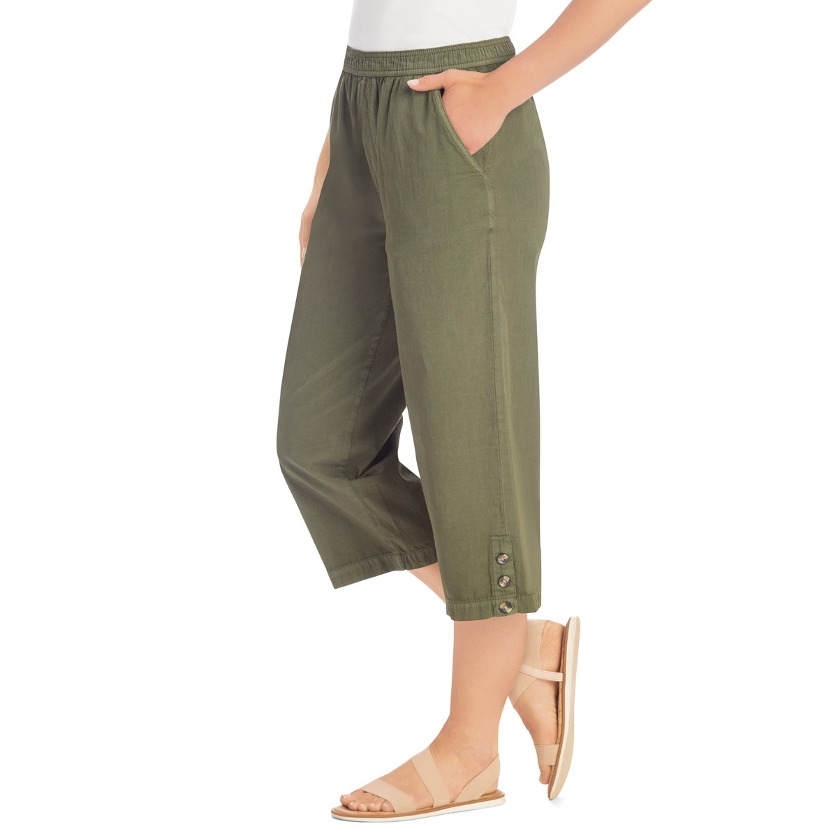 Stylish Button Trimmed Elasticized Waist Capris | Collections Etc.