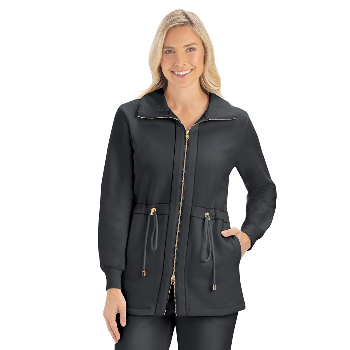 Stylish Cotton Fleece Zip Front Gold Detail Jacket | Collections Etc.