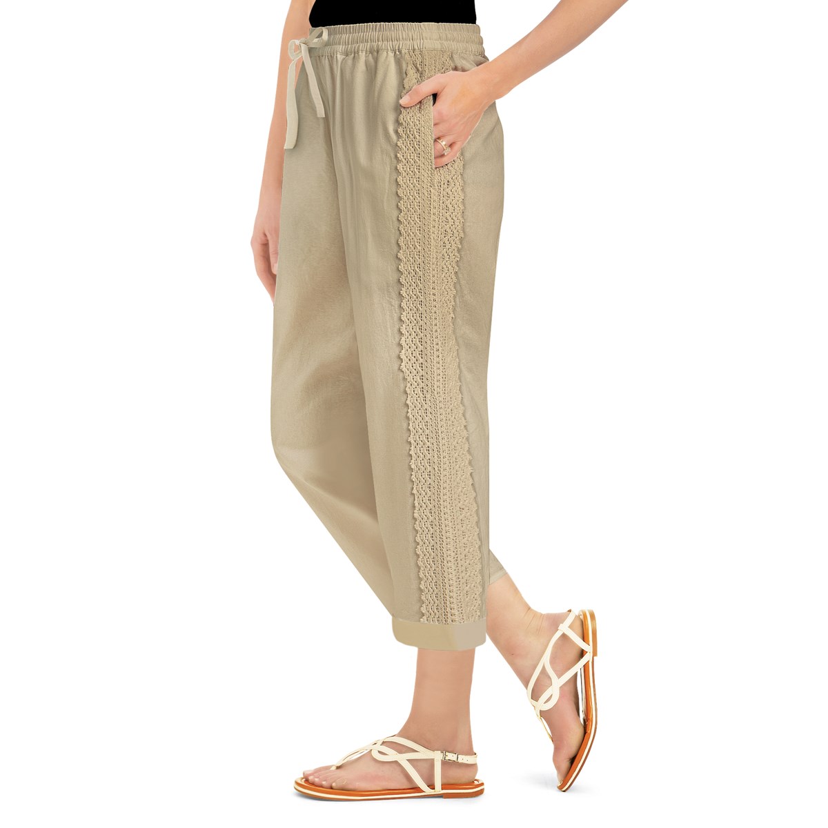 Comfortable Lace Trimmed Drawstring Waist Cuffed Capris | Collections Etc.