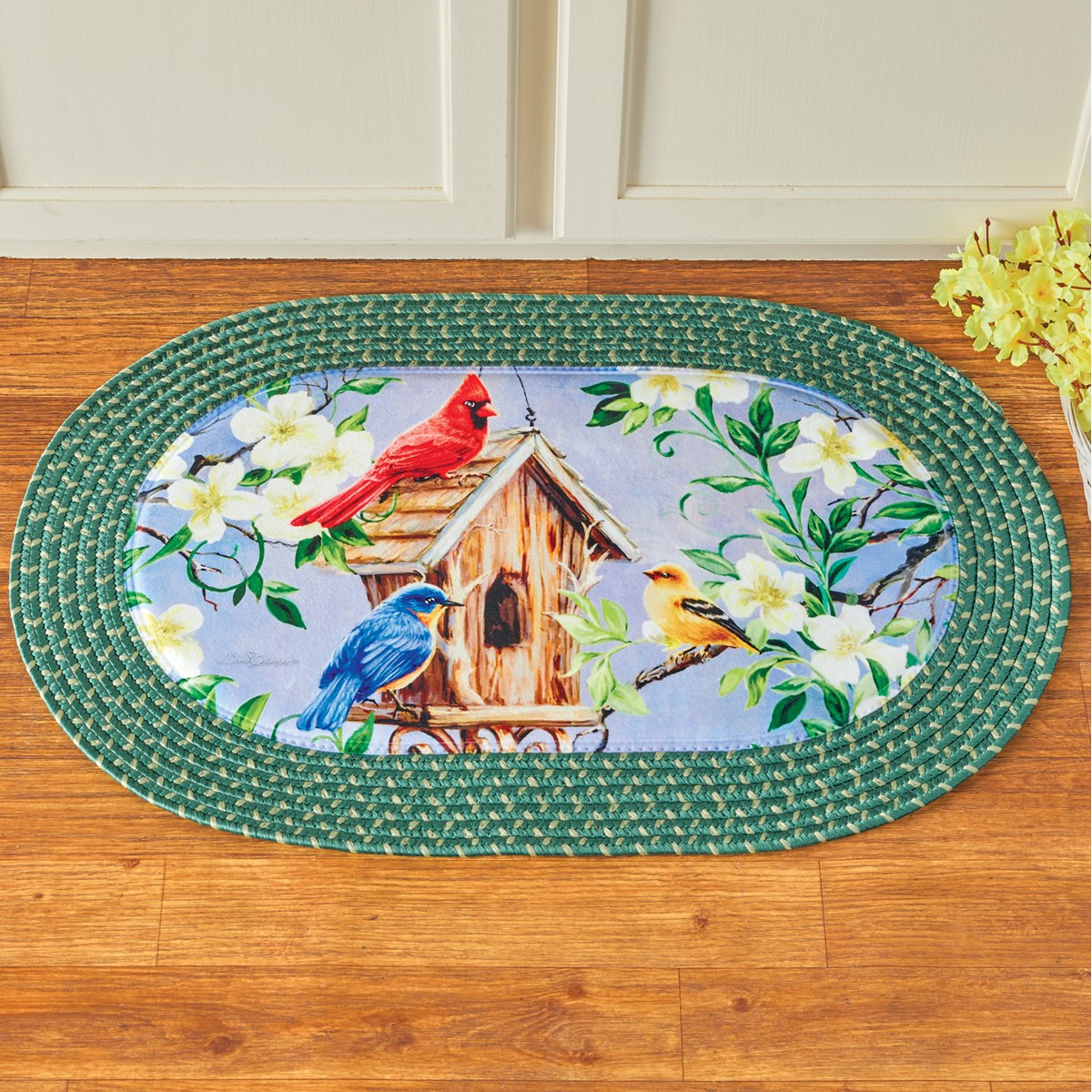 Printed Floral Songbird Birdhouse Braided Accent Rug | Collections Etc.