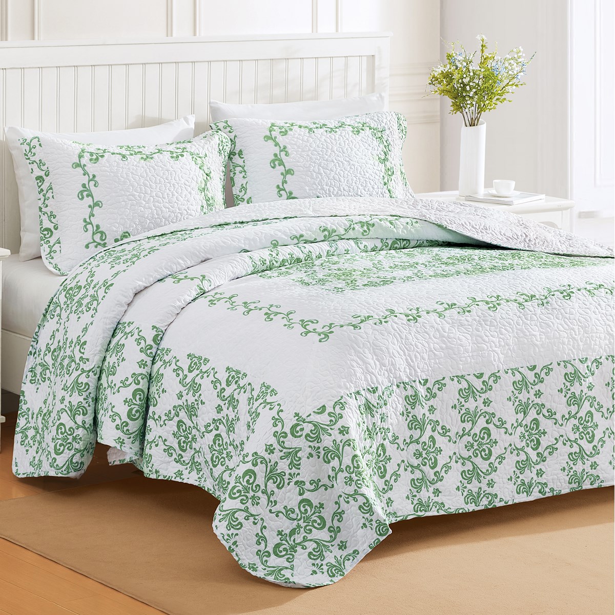 Lovely Damask Embroidered Quilted Bedspread | Collections Etc.