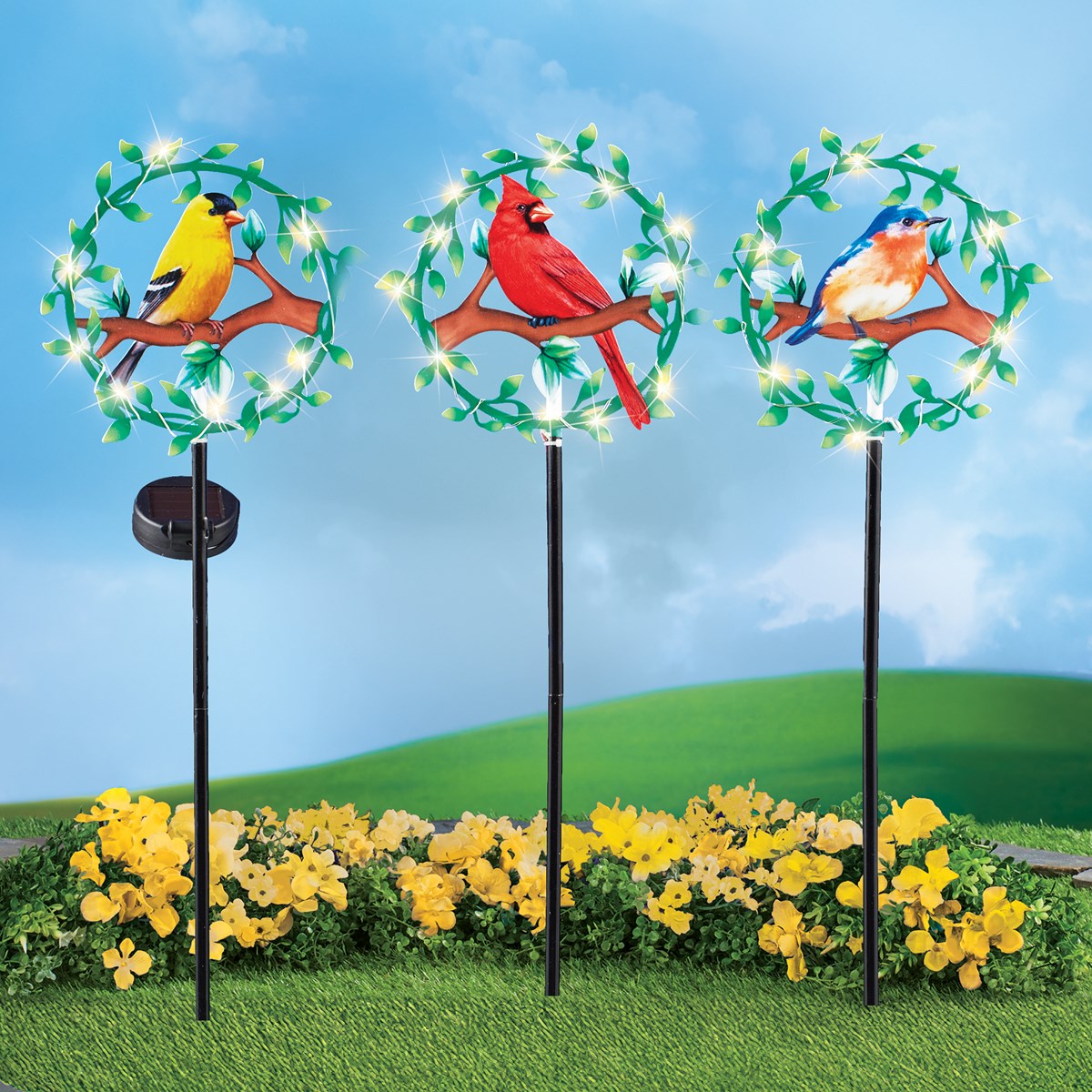 Solar Powered LED Lighted Bird Stakes - Set of 3 | Collections Etc.