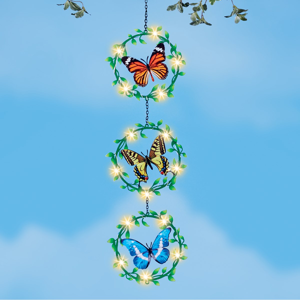 Solar Powered LED Lighted Butterfly Wreath Trio Hanging Garden Mobile ...