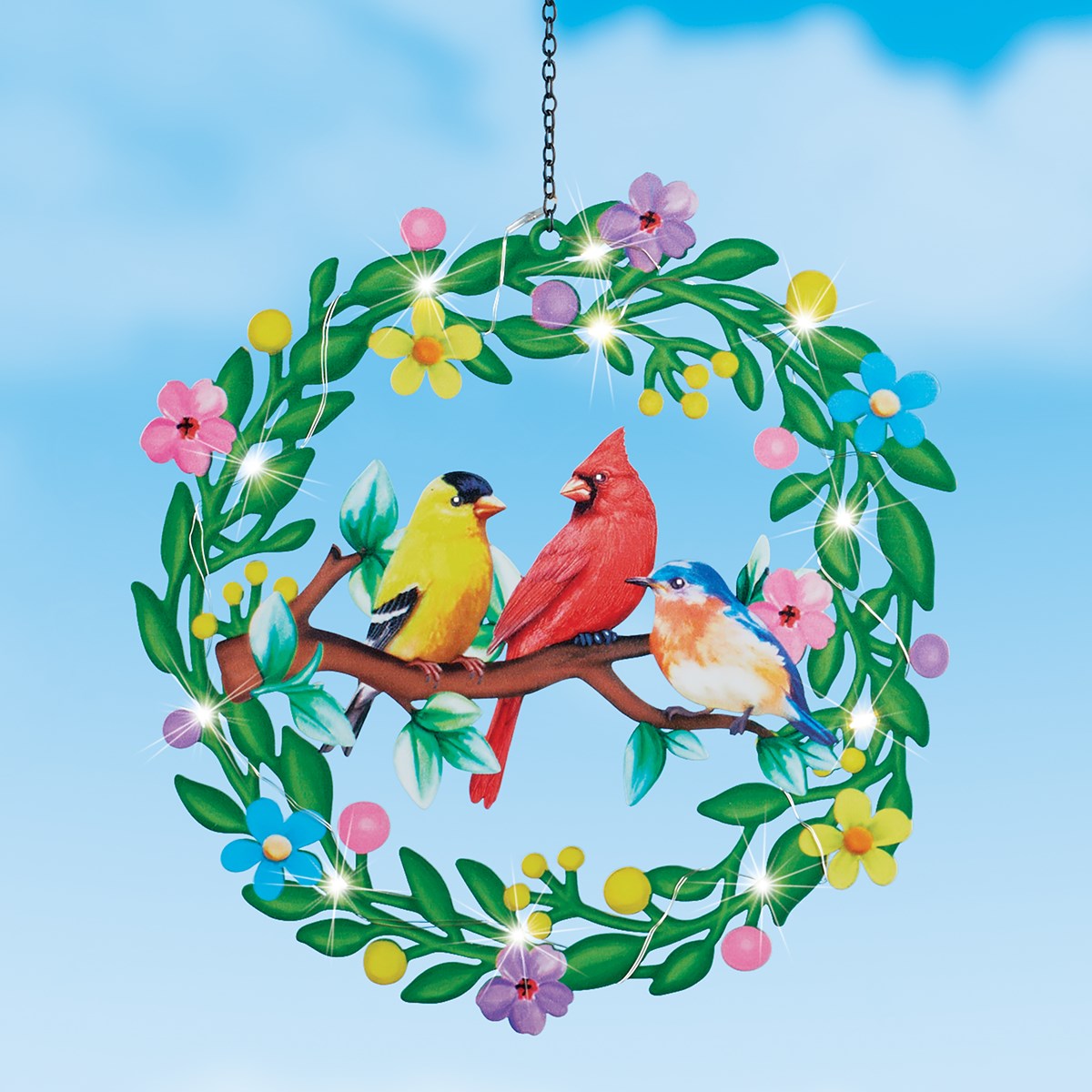 Solar Powered Birds in Wreath Hanging Garden Mobile | Collections Etc.