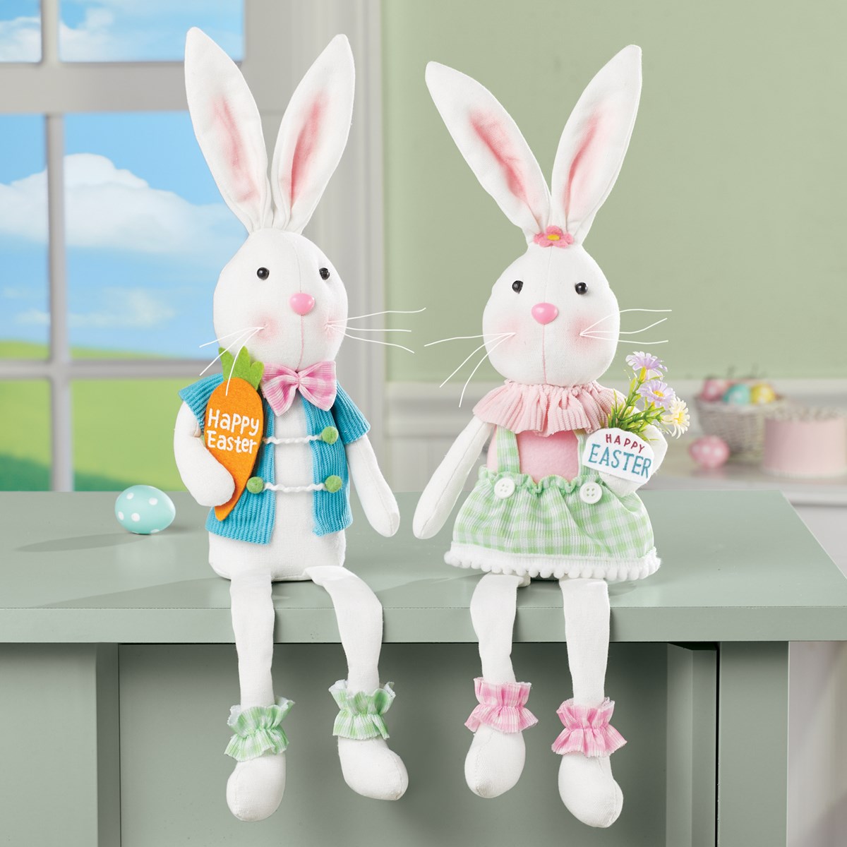 Plush Easter Bunny Sitters with Posable Legs - Set of 2 | Collections Etc.