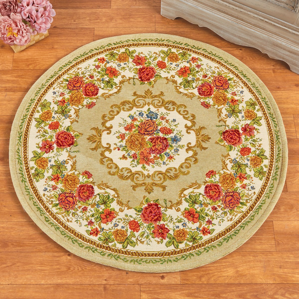 Colorful Rose Floral Arrangement Chenille Skid-Resistant Round Rug ...