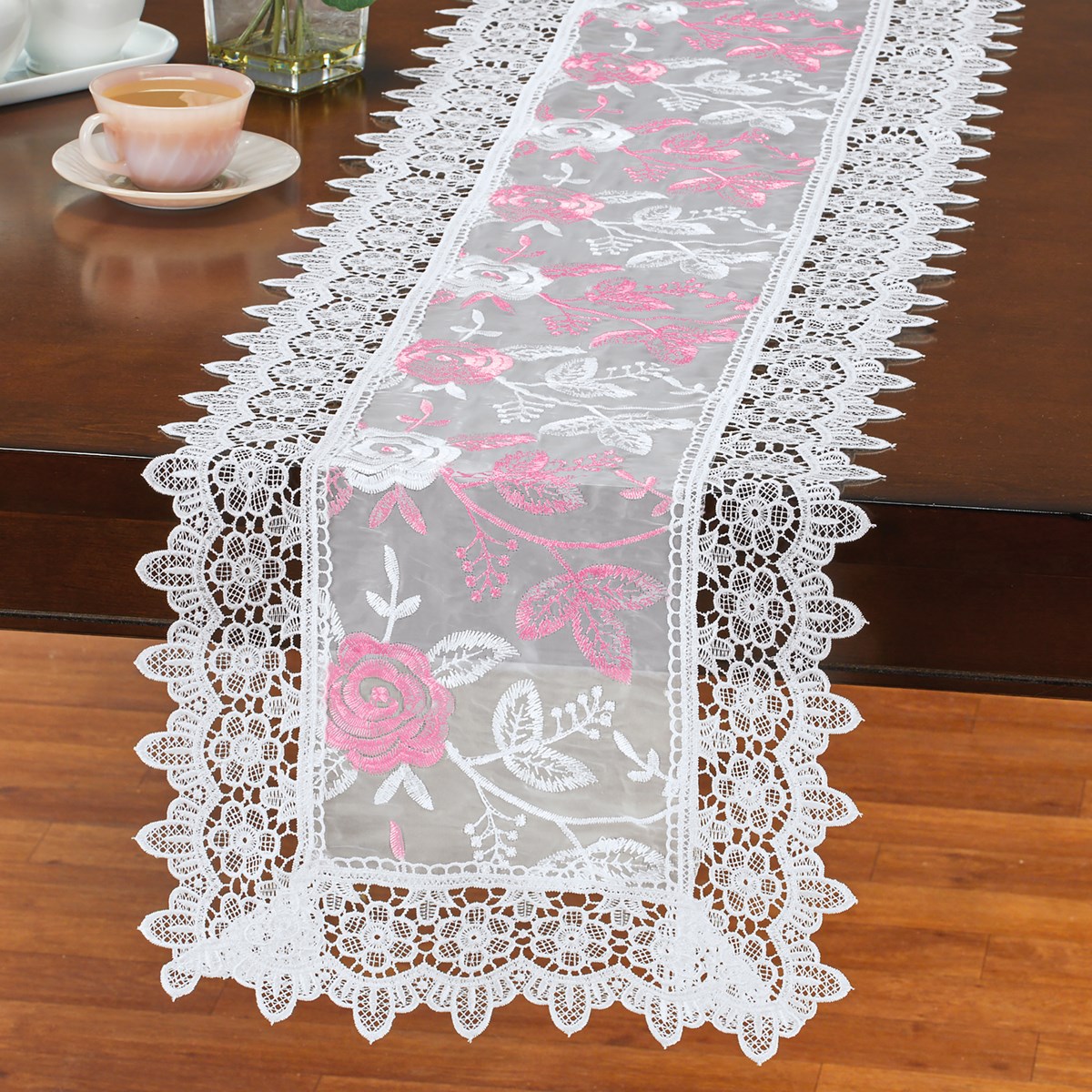 Embroidered Rose Organza Lace Border Table Linens | Collections Etc.
