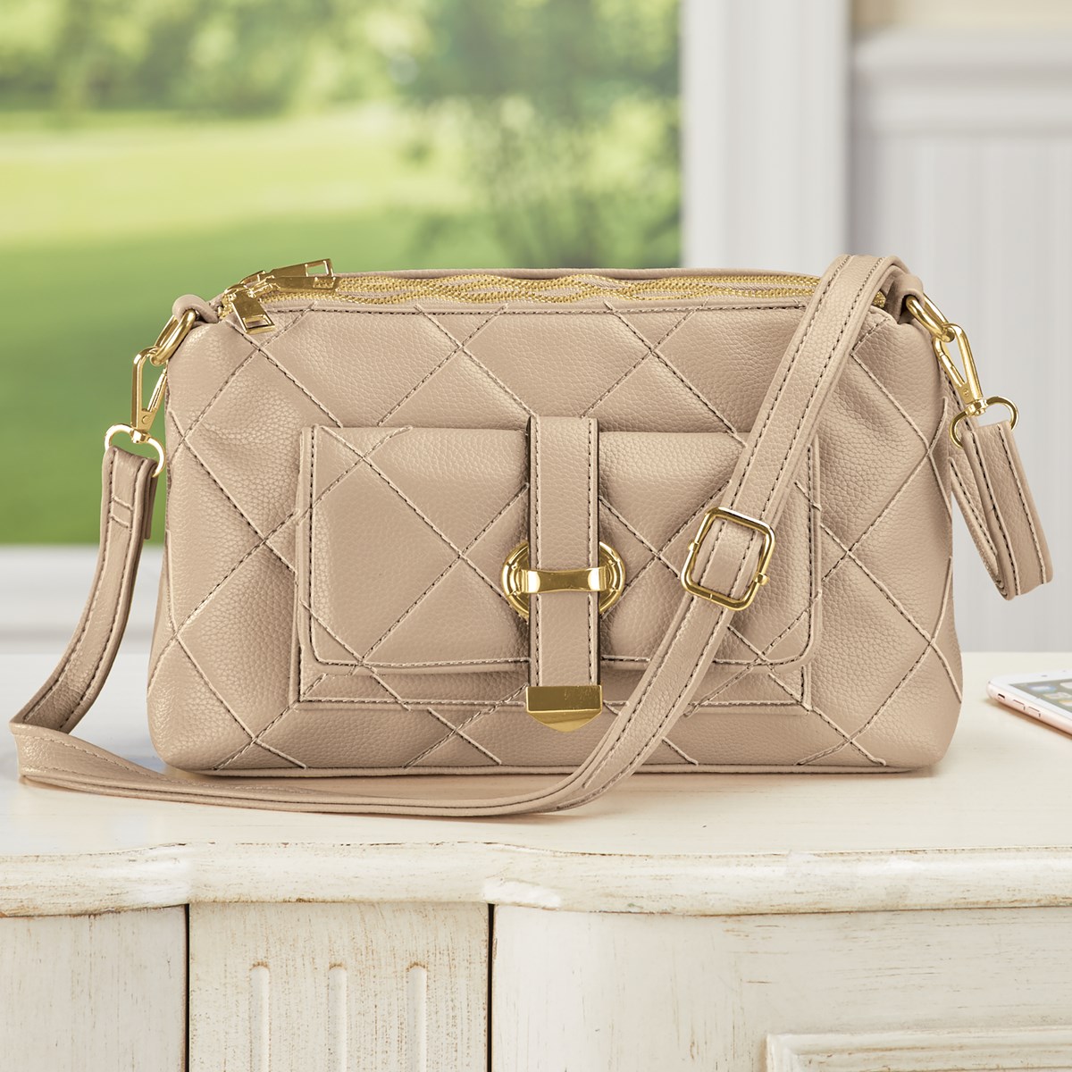 Elegant Quilted Snap Front Pocket Zippered Handbag | Collections Etc.