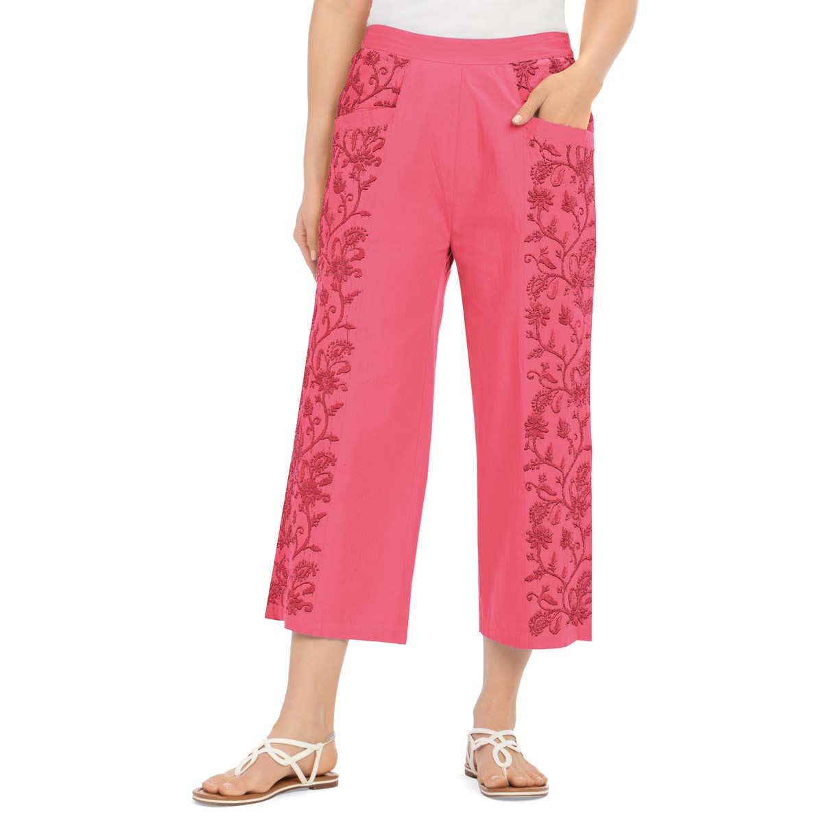 Side Embroidered Lace Capris Cotton Pants | Collections Etc.