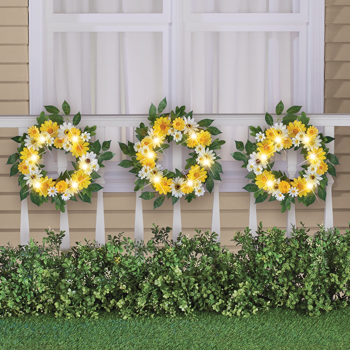 LED Lighted Solar Powered Artificial Daisy Wreaths - Set of 3 ...