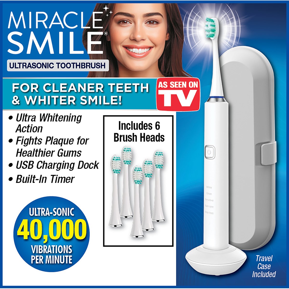 Miracle Smile Sonic Electric Toothbrush with Travel Case and 6 Brush ...