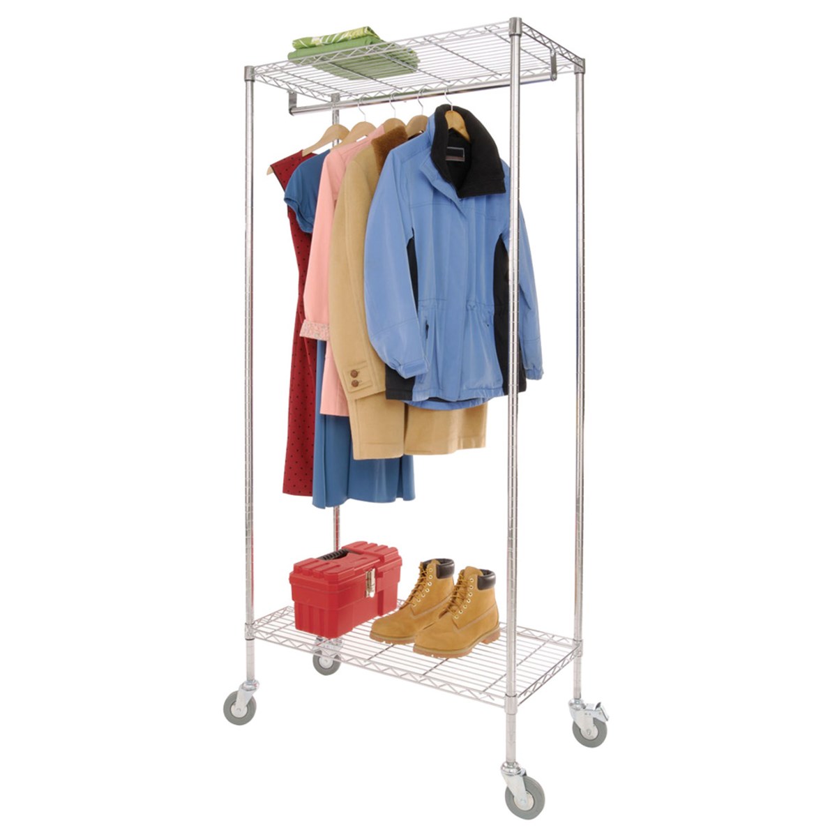 Chrome Rolling Garment Rack with Shelves | Collections Etc.