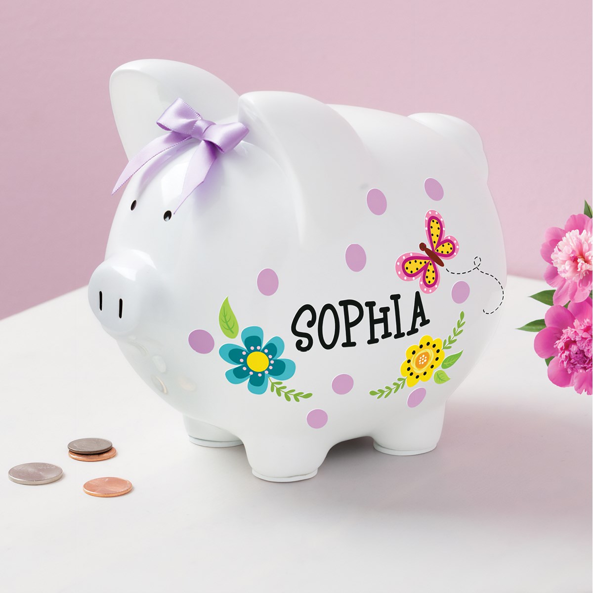 Personalized Colorful Floral Design Piggy Bank | Collections Etc.